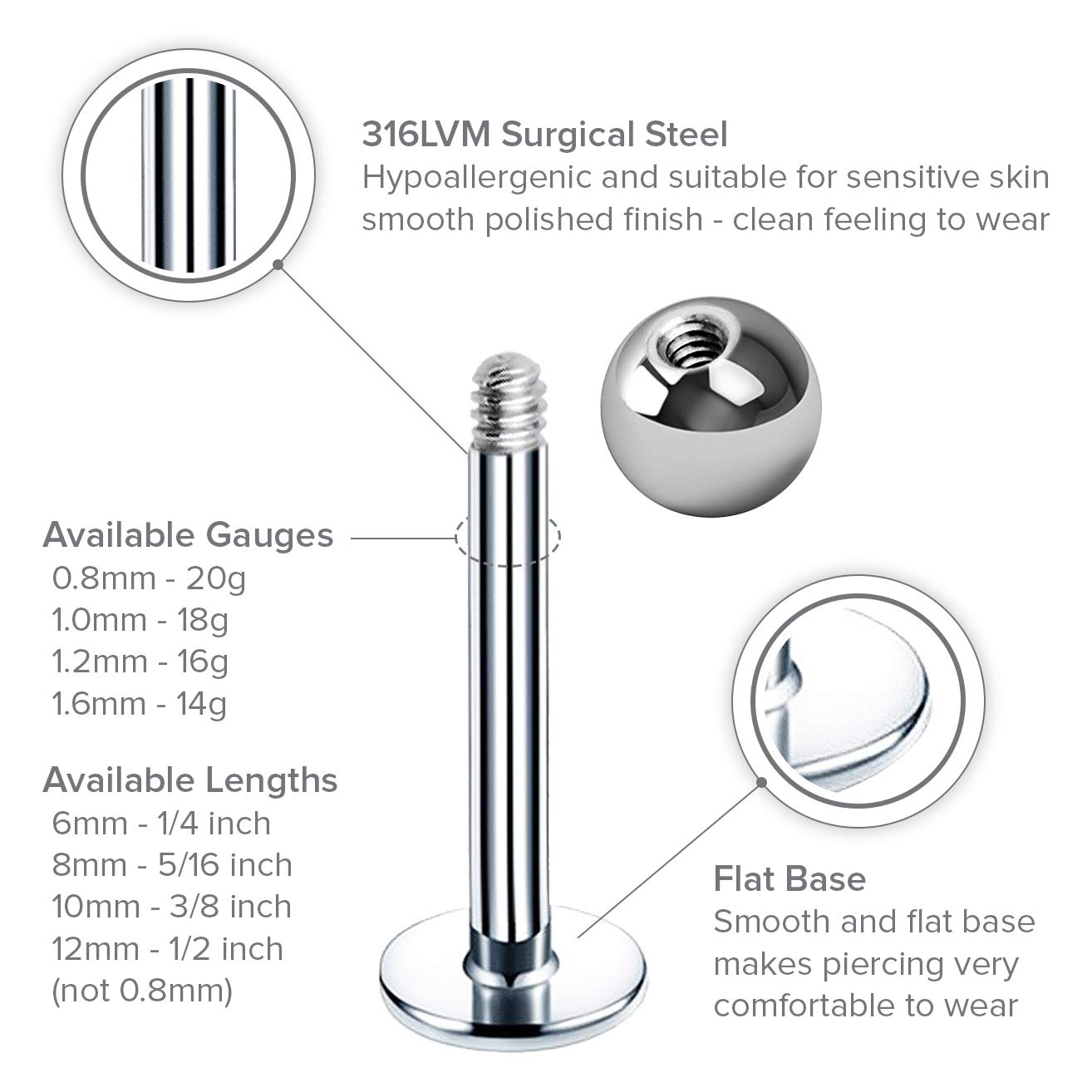 Evonix 7pc 16g 10mm Labret Studs Lip Ring Snake Spider Bite Forward Helix Monroe Dahlia Inner Conch Surgical Steel Rainbow 4mm Ball