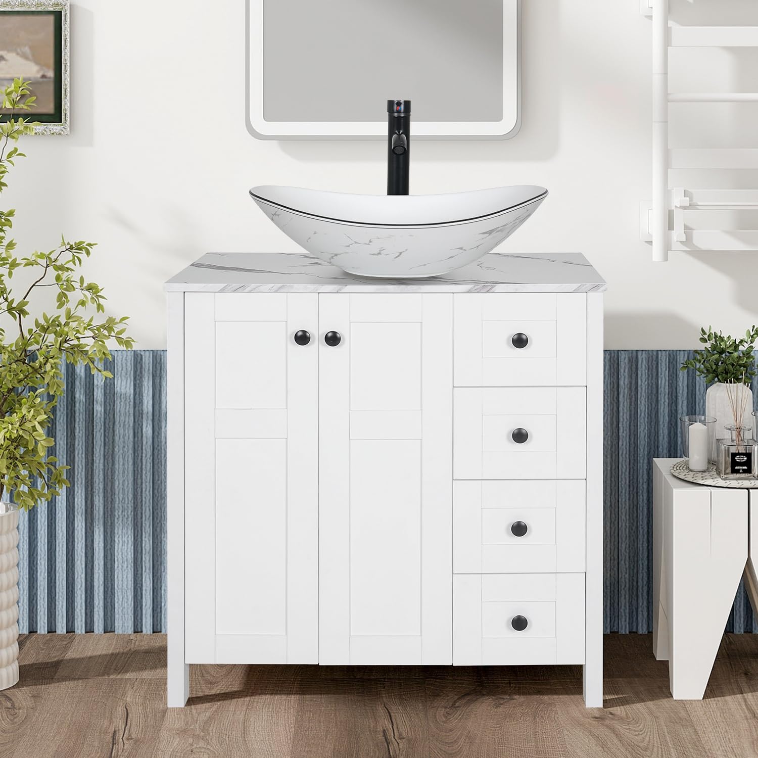 Puluomis 32 Inch Traditional Bathroom Vanity Set in White Finish, Bathroom Vanity with Marble Texture Top and 4 Drawers, Boat Marble Ceramic Sink Top with Single Faucet Hole
