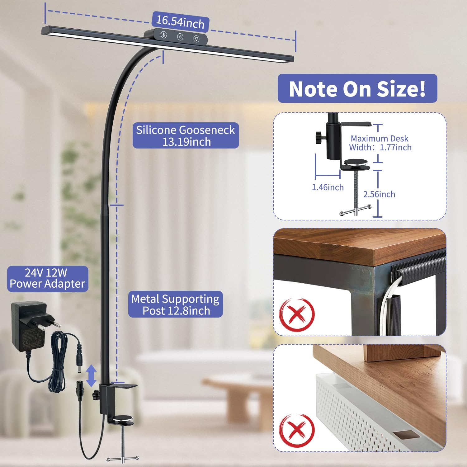 EppieBasic Desk Lamp with Clamp, 24V Led Desk Light Touch Control, Eye Care Architect Office Lamp 4 Color Modes, Adjustable Flexible Gooseneck Table Light for Home Office Study Reading