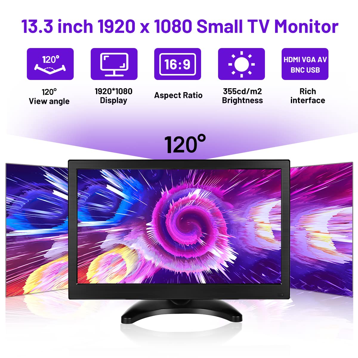 Hikity 13.3 Inch Small Security Monitor 1920x1080P Portable Monitors with BNC, AVI, VGA, HDMI Input Cable, Remote Control, Built-in Speakers, for Gaming, CCTV, Security Camera, Raspberry Pi, X-Box