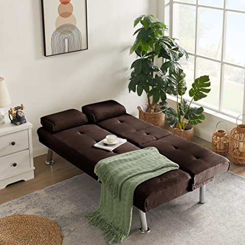 Verfur Modern Futon Sofa Bed-Compact Design for Small Spaces-Comfort Convertible Sleeper Loveseat Couch with for Premium Fabric Sofabed, Brown w/Metal Legs