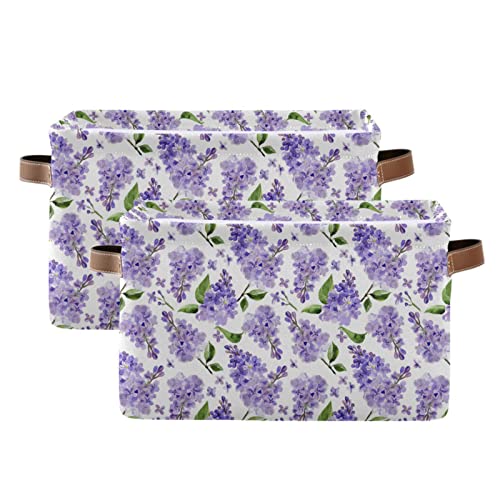 ALAZA Purple Lilac Flowers Storage Basket Rectangle Collapsible Storage Bins With Handles Durable Canvas Toy Basket Organizer Bin For Shelf Closet Bedroom Home Office