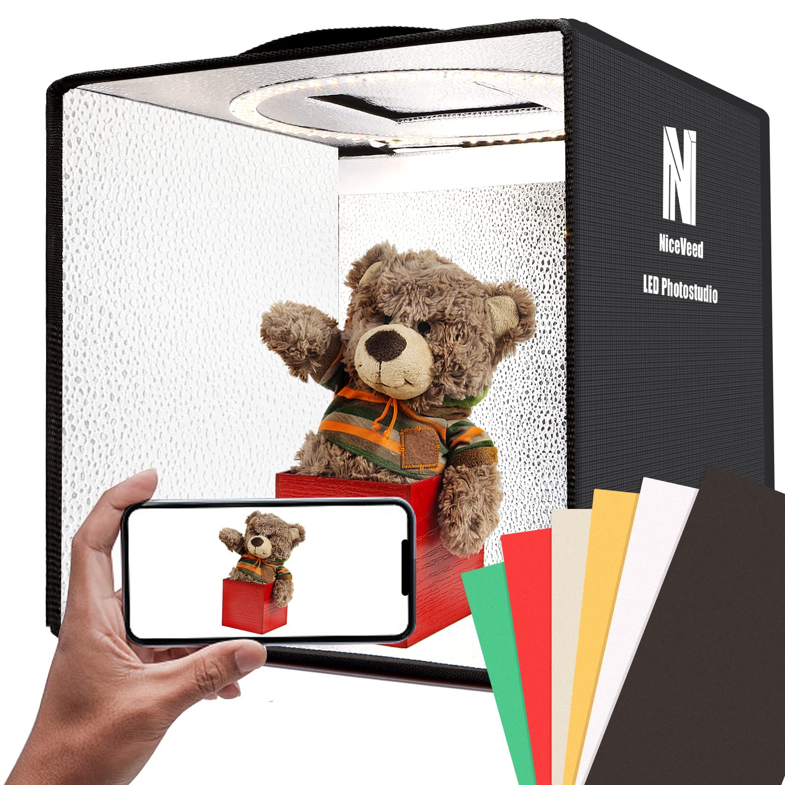 Light Box, NiceVeedi 12" x 12" Portable Photo Studio Box Shooting Tent, Dimmable Photography Lighting Box Kit with 112 SMD LED Bead, 6-Color Backdrops, Carrying Bag