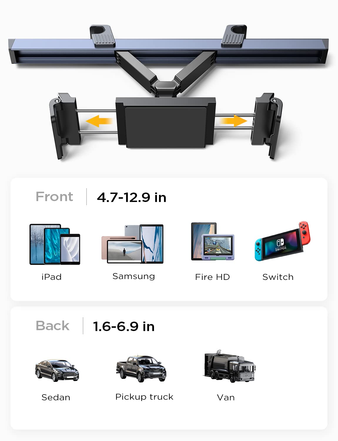 LISEN iPad Car Holder Back Seat iPad Holder for Car Tablet Mount Headrest Travel Accessories Road Trip Essentials for Kids Adults Fits All 4.7-12.9" Devices & Headrest Rod (Black)