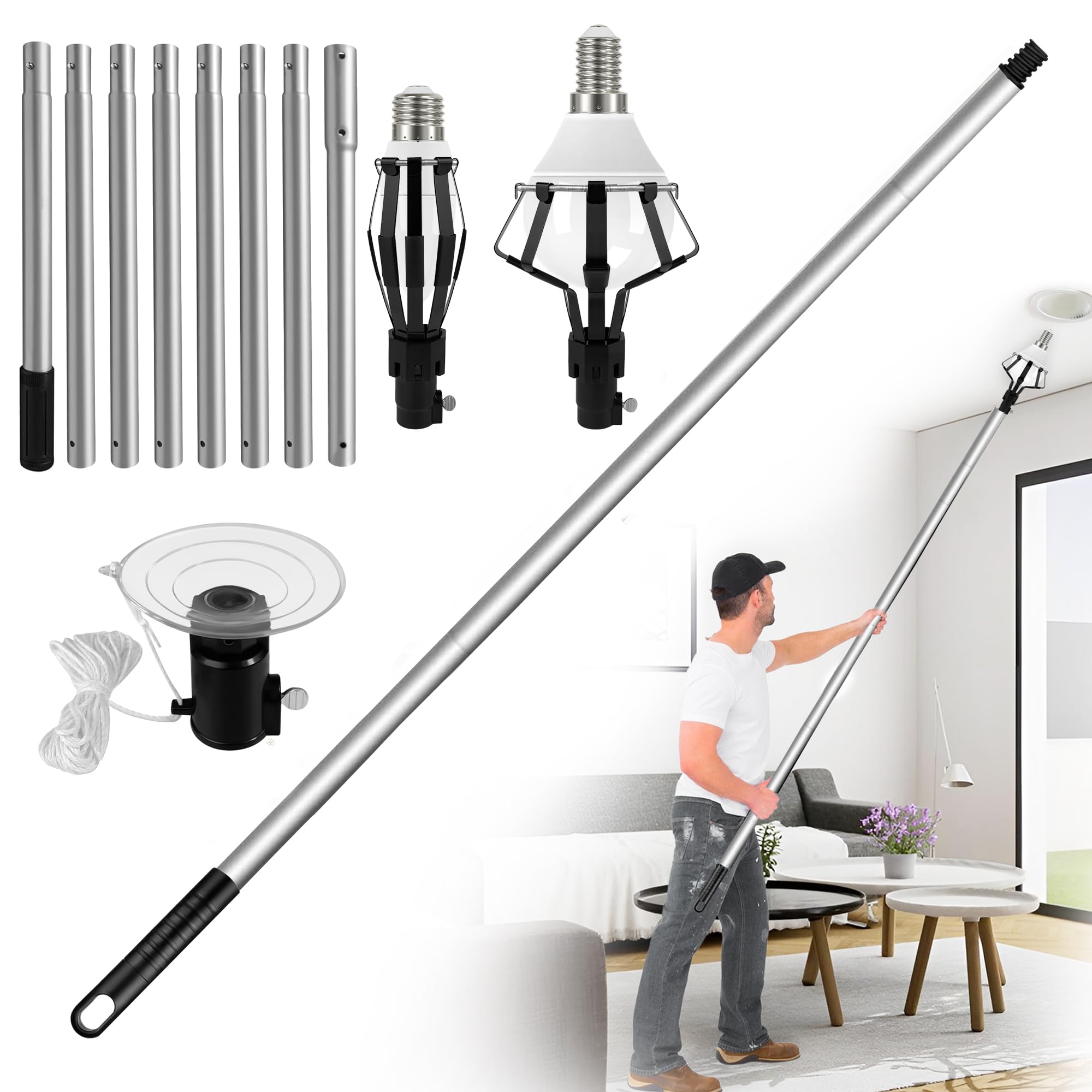 Light Bulb Changer for High Ceilings - Light Bulb Changer with Extension Pole Light Bulb Changer with Baskets and Suction Cup Bulb Removal Tool for High Ceilings and Recessed Lights