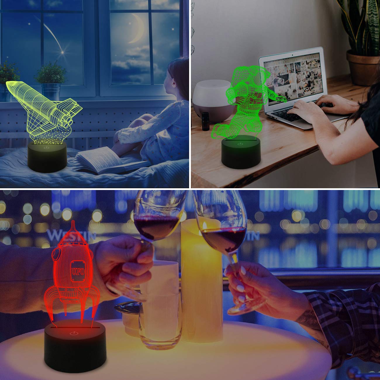 FULLOSUN Outer Space Gifts, 3D Spaceman Astronaut Rocket Alien Night Light for Kids (4 Patterns) with Remote 16 Colors Changing Dimmable Function, Christmas for Science Space Fan Boy Child