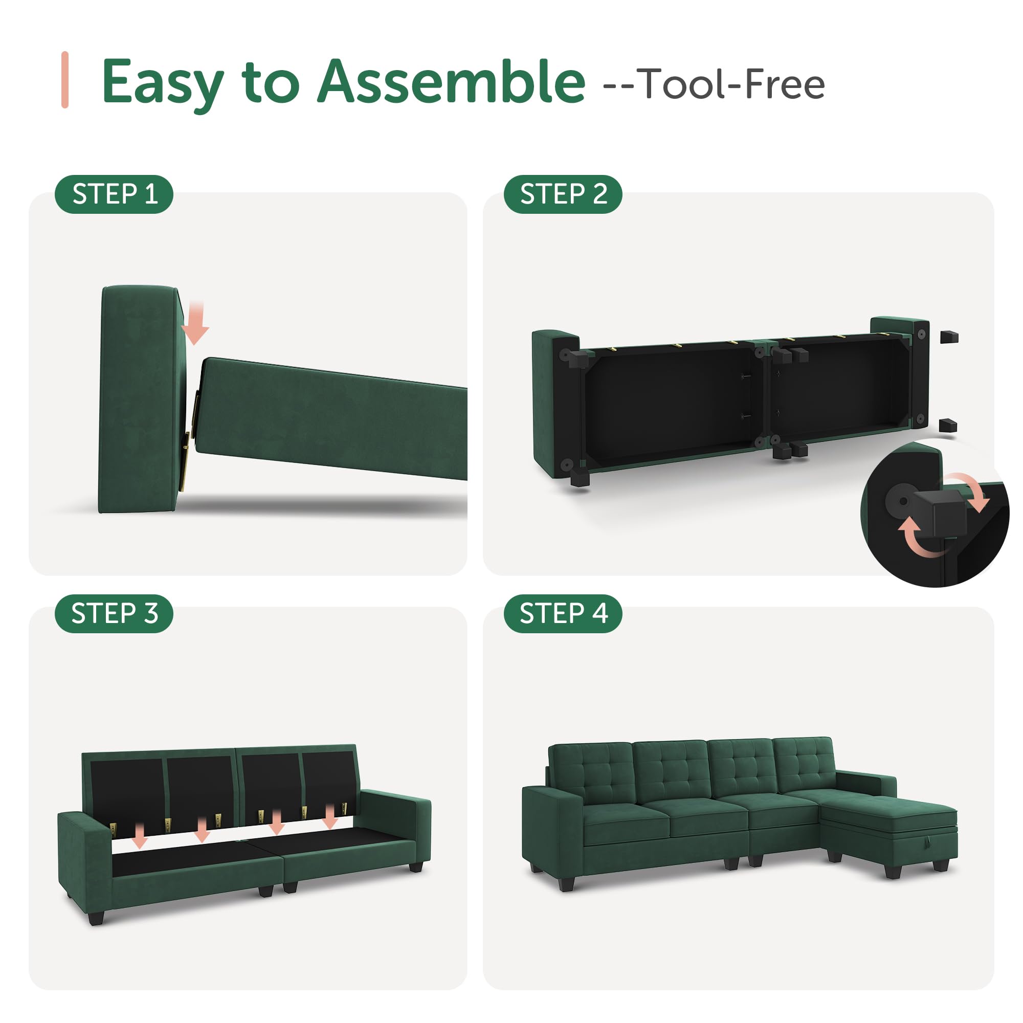 HONBAY L Shaped Sectional Couch Velvet 4-Seater Sectional Sofa with Reversible Chaise for Living Room, Green