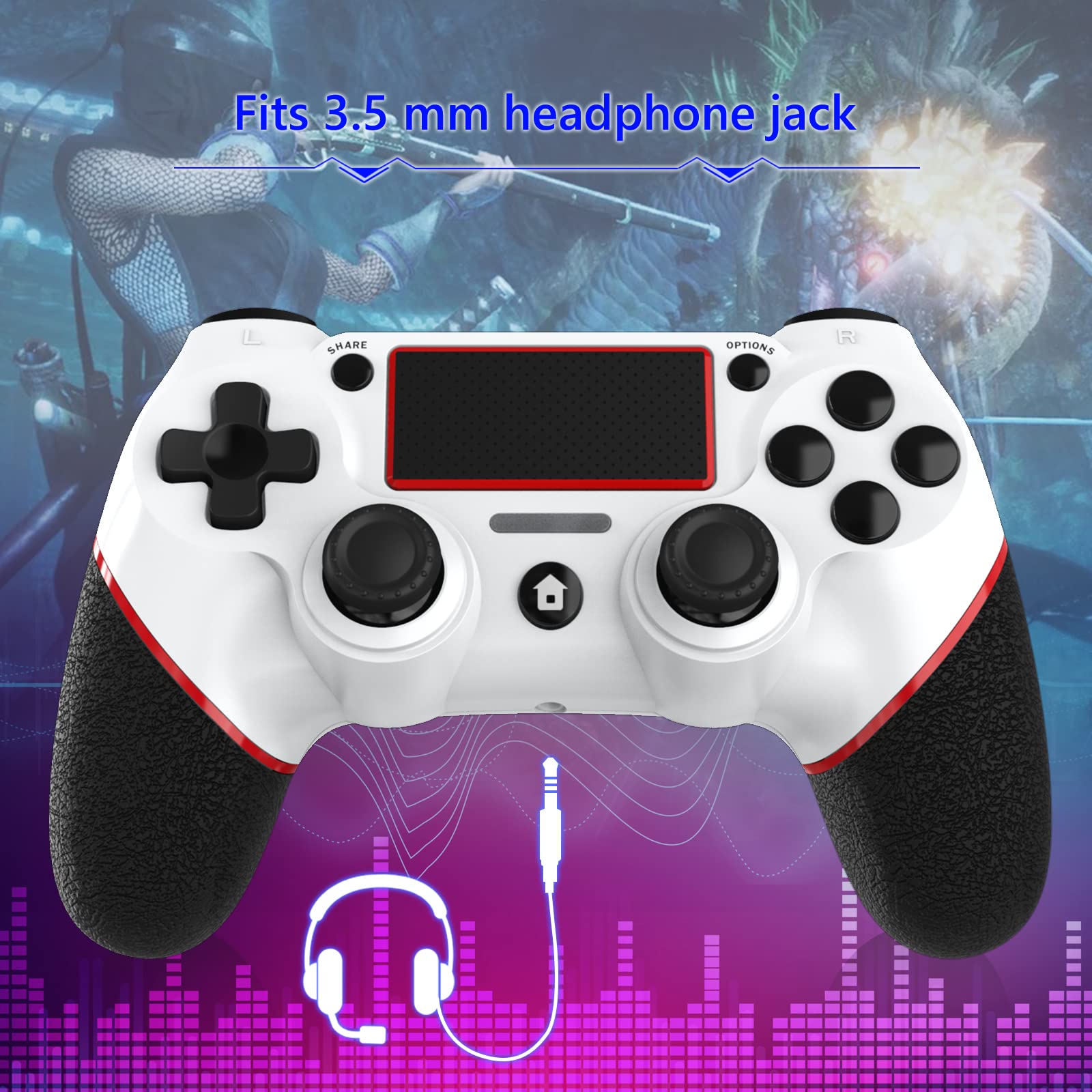 Famido for PS4 Controller, Wireless Dual Vibration Game Joystick Controller with Non-Slip Analog Sticks/6-Axis Motion Sensor Compatible with P4/Slim/Pro (White) for PS4 Controller, Wireless Dua