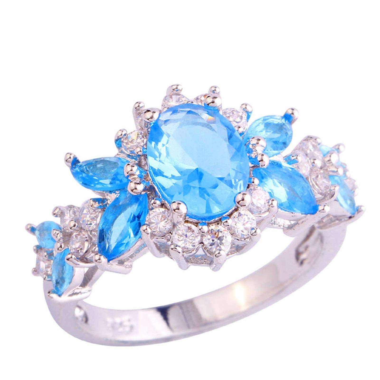 Emsione 925 Sterling Silver Plated Created Blue Topaz Cluster Flower Cocktail Women Band Ring Size 7