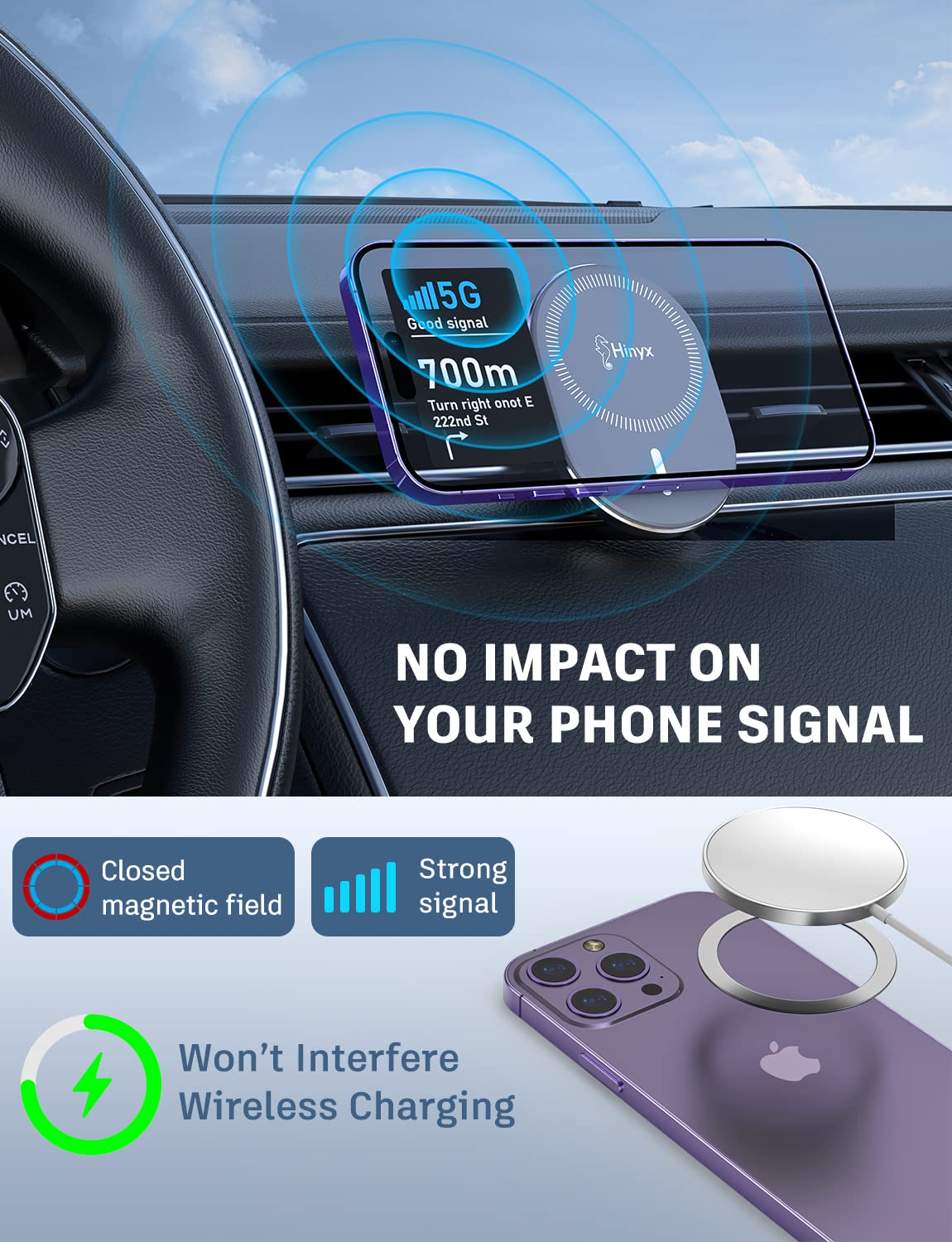 Hinyx MagSafe Car Mount-Strongest Magnet Power, Magnetic Phone Holder for Car Easily Install Air Vent Phone Mount for iPhone 15/14/13/12 Pro Max Mini Plus MagSafe Case & All Phones, with Metal Ring