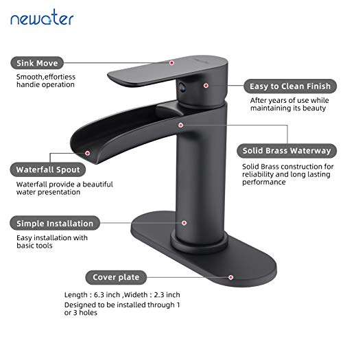 NEWATER Waterfall Brass Bathroom Faucet Single-Handle Black Bathroom Sink Faucet Matte Black Single Hole or 3 Holes 4 inch faucet for bathroom sink,RV Vessel Vanity Faucet with Deck Mount,Pop-Up Drain