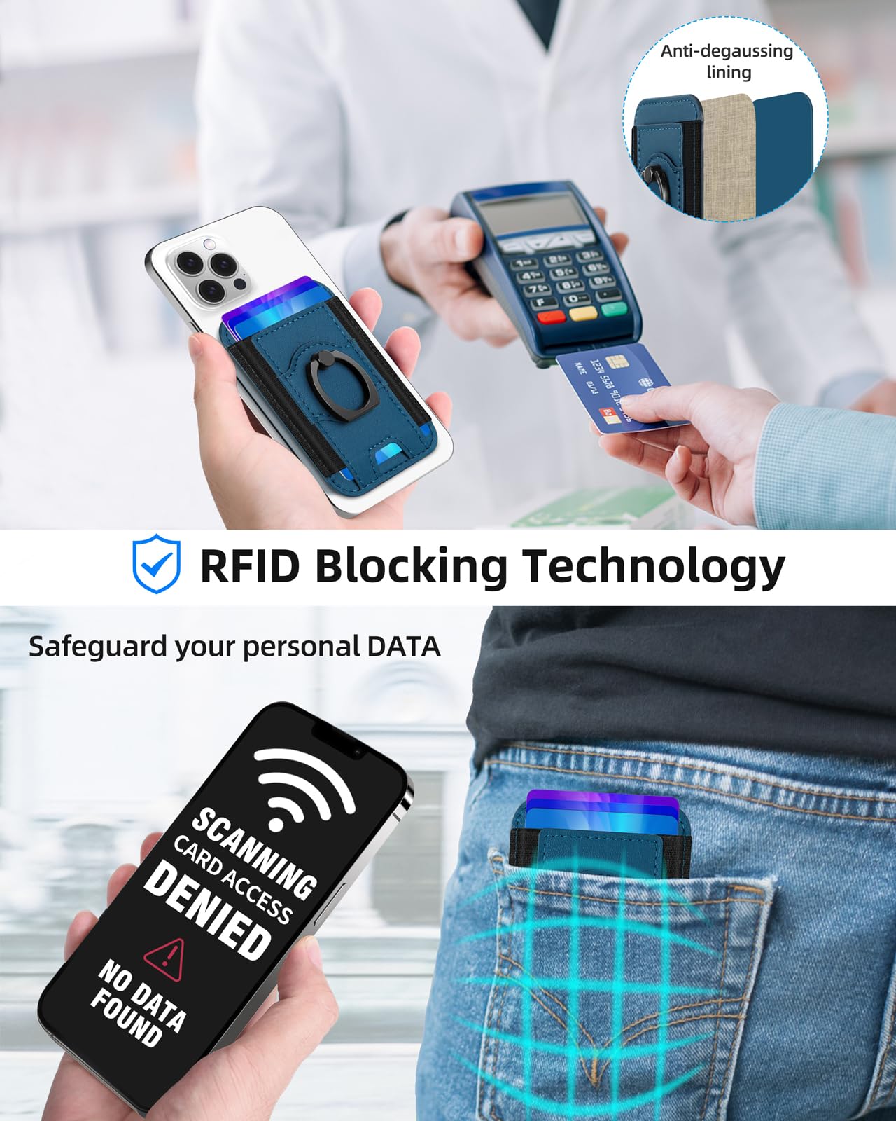ExtreLife Upgraded for Magsafe Wallet, Strongest Magnetic Wallet, for iPhone Wallet Magsafe with Ring Grip, Magnetic Card Holder Wallet for iPhone 15/14/13/12 Series, Fit 7 Cards, Vegan Leather, Blue