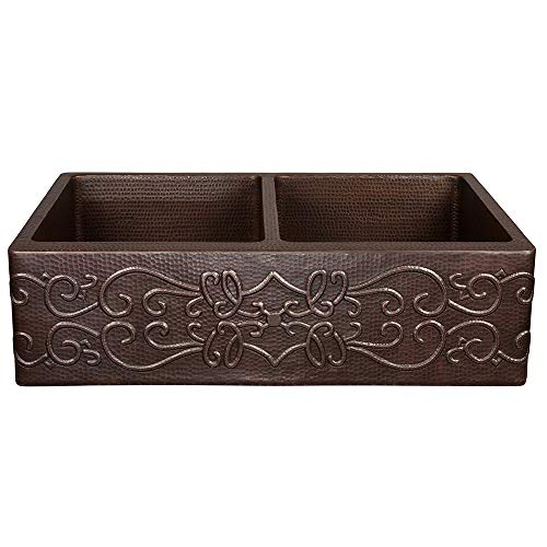 Premier Copper Products KA50DB33229S 33-Inch Hammered Copper Kitchen Apron 50/50 Double Basin Sink with Scroll Design, Oil Rubbed Bronze