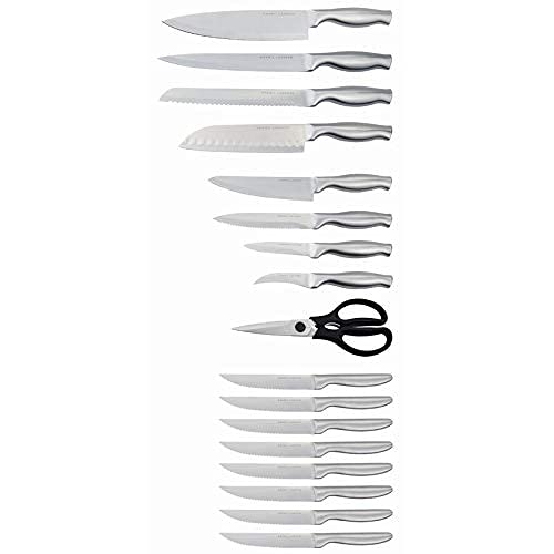 Emeril Lagasse 18-Piece Knife Block Set (Natural) + Tungsten Carbide Knives Sharpener with Suction Pad (Red) - Best Kitchen Silverware Cutlery Collection - Stainless Steel Hollow Handle