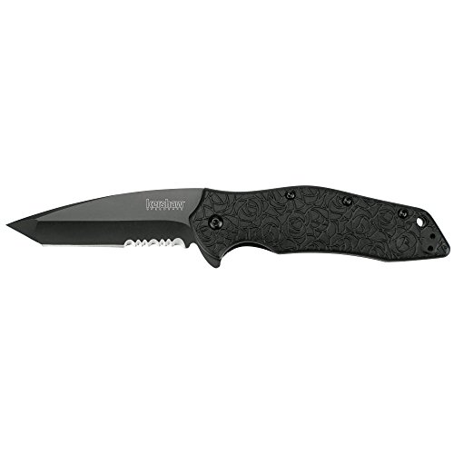 Kershaw Kuro Tanto Black Serrated Pocket Knife, 3.1β Steel Blade with Assisted Opening, Glass-Filled Nylon Handle with Deep-Carry Pocketclip, Small Folding Knife