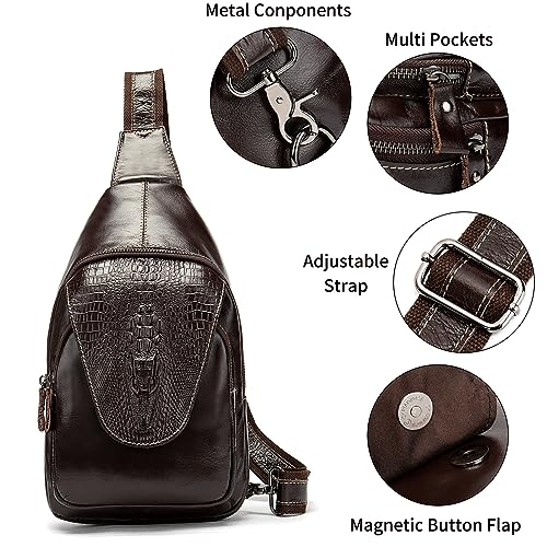 NIUCUNZH Handmade Genuine Leather Crossbody Sling Bag Crocodile Embossing Chest Bag Waterproof Shoulder Bag Coffee