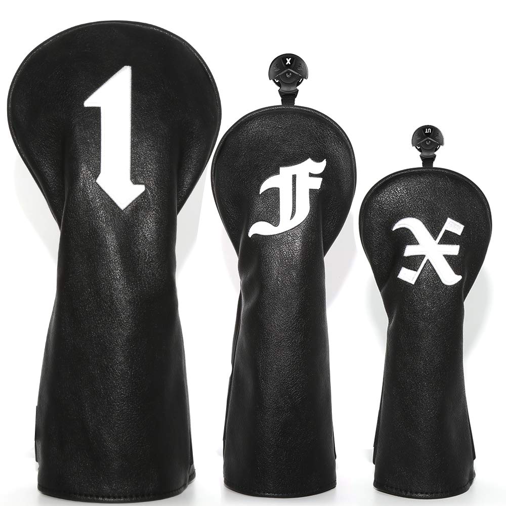 Golf Driver Fairway Hybrid Rescue Wood Club Head Covers Headcovers Set for Woods - Leather Golf Club Protector Case (Black-3pcs(D/F/H))