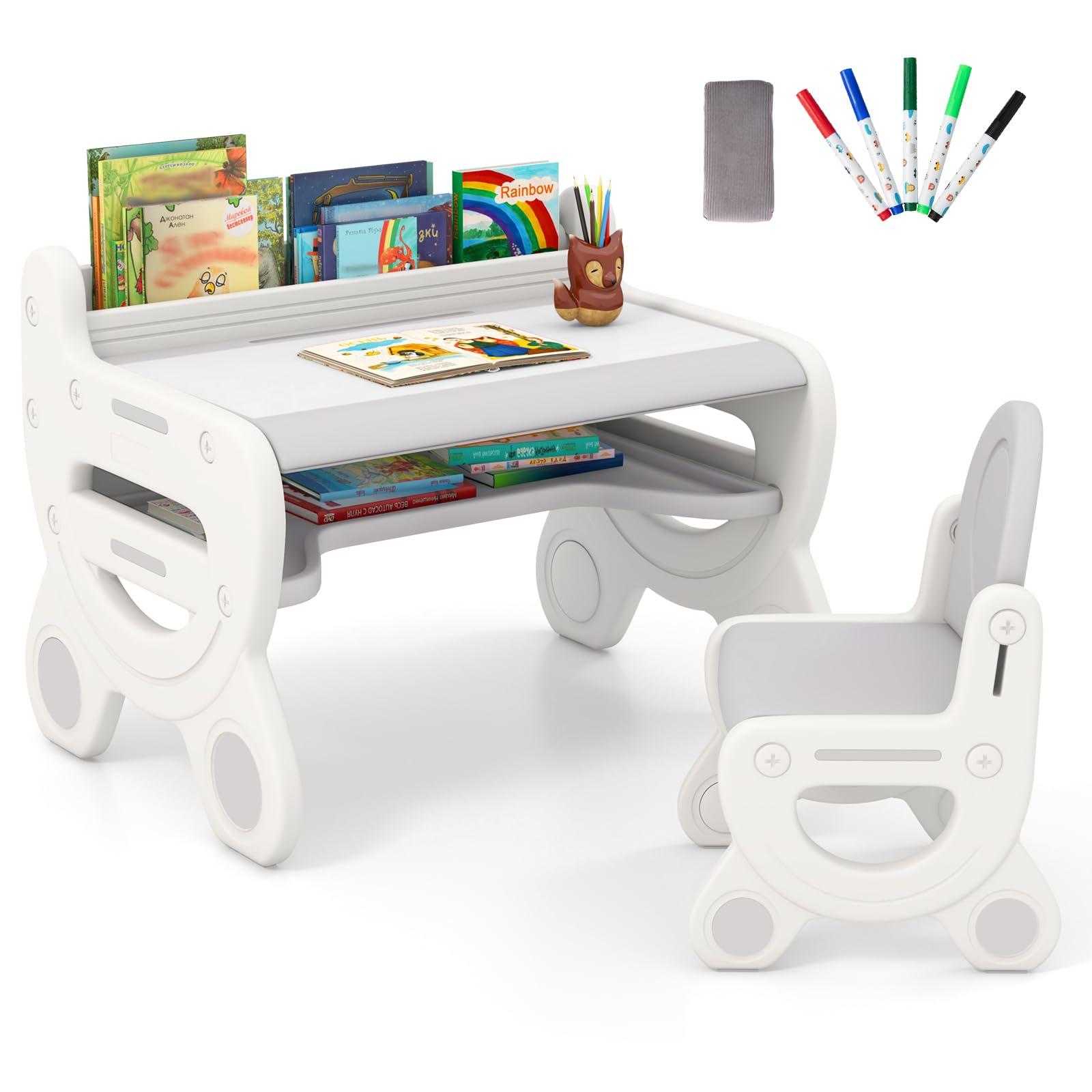 HONEY JOY Kids Table and Chair Set, Plastic Children Activity Table and Chair w/Graffiti Desktop, Storage, Markers & Eraser, Toddler Table and Chair Set for Daycare Playroom Classroom (Gray)