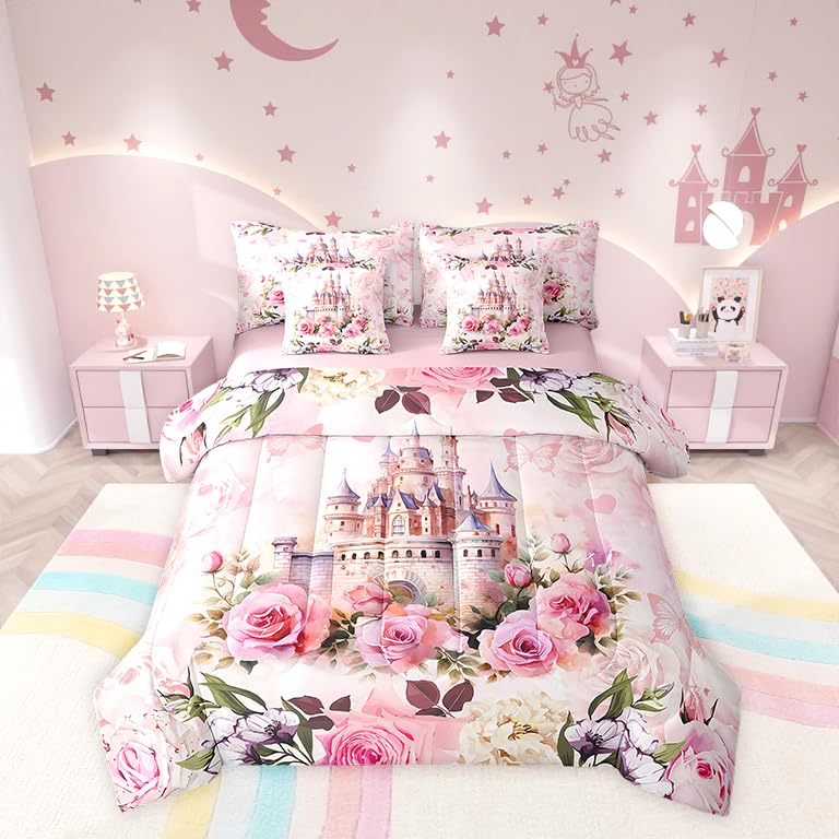 Manfei Girls Princess Full Bedding Set 7 Pieces,Cartoon Castle Pink Comforter Sets,Blooming Flowers Bedding Comforter Sets with 1 Comforter,2 Pillowcases,2 Pillow Covers,1 Flat Sheet,1 Fitted Sheet