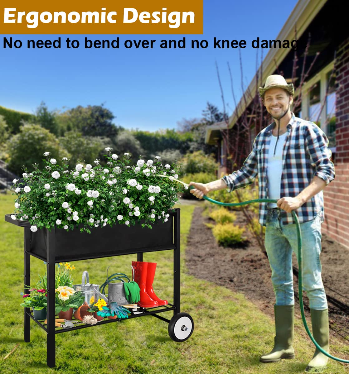 Koutemie Outdoor Raised Planter Box with Legs for Gardening, Elevated DIY Garden Bed Cart on Wheels for Vegetables Flower Tomato Herb Plant, Black