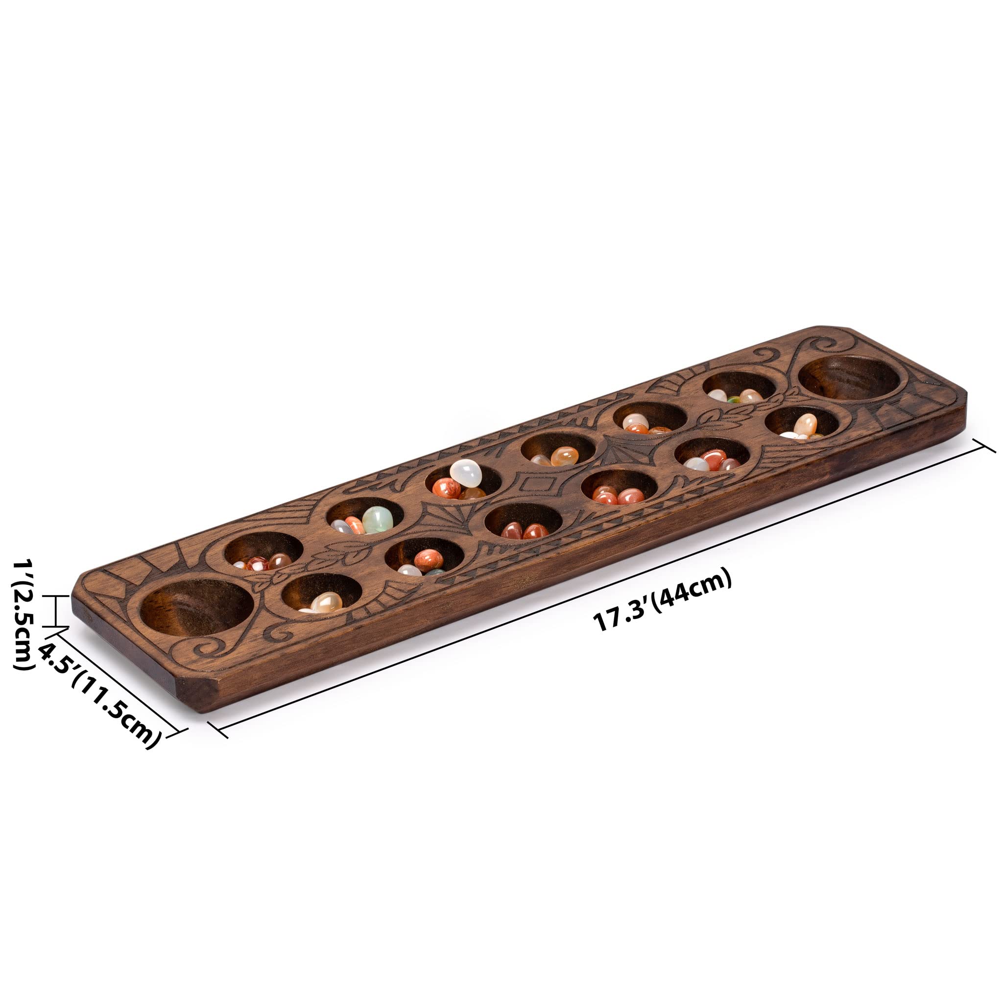 Yellow Mountain Imports Mancala Set with 17.3-Inch Solid Wood Board and Quartz Pebble Playing Pieces