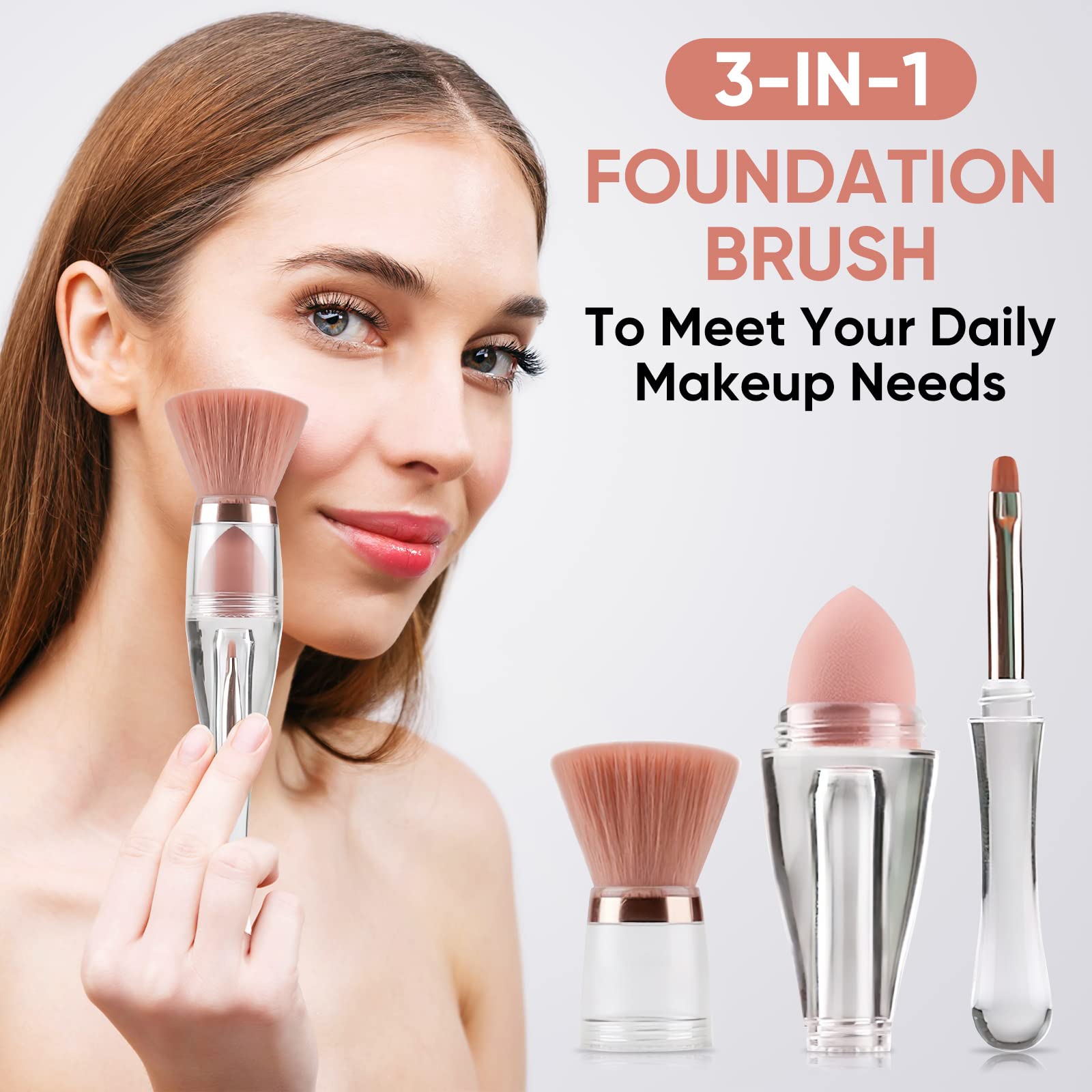HIPFATE 3-In-1 Foundation Brush, Professional Makeup Brushes Set for Face Blush Liquid Powder Foundation Brush, Portable Design Travel Makeup Brushes Set