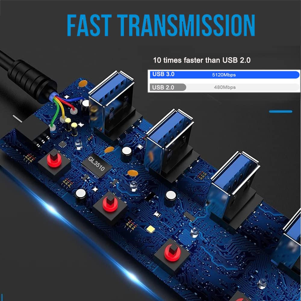 HUAPX Powered USB 3.0 Hub Adapter,7Port USB Splitter with Individual ON/Off Switches and 5V/3A AC Adapter Compatible for Laptop,Keyboard,Notebook,Mouse,PC,Table,PS4/5,Xbox,Mac,Mobile HDD