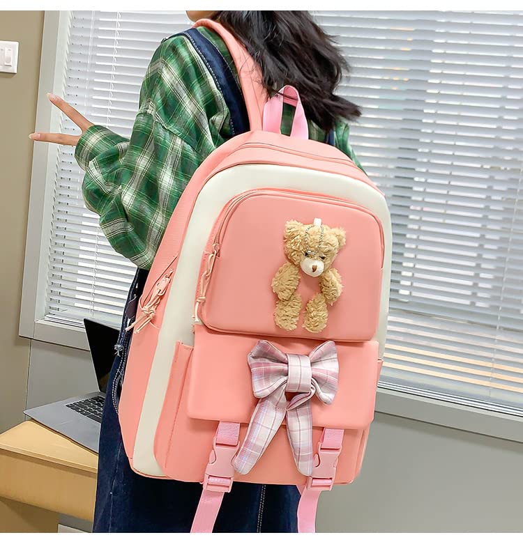 Lokkcy Kawaii Backpack 4Pcs Set with cute plush Pendants & Badge,Japanese School Bag and Backpack for Girls 10-12(Pink)