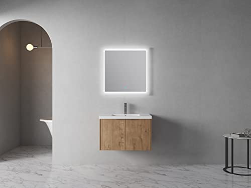 Pvillez Bathroom Vanity with Sink Combo, Floating Vanity Cabinet 30 Inch, Bathroom Vanities, Modern Wall Mounted Concrete Bath Vanity Set with Porcelain Top Storage Cabinet (Imitative Oak 2)
