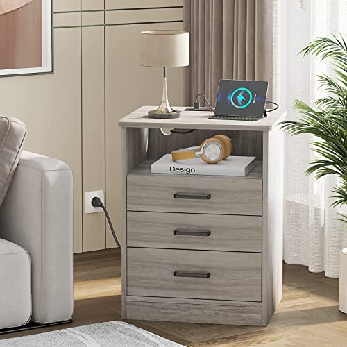 Tiptiper Nightstand Set of 2 with Charging Station,Grey Night Stands for Bedroom,Bedside Table with Drawers & USB Ports, 13.8D x 15.8W x 23.6H in