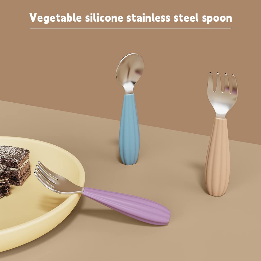 Hippywell Toddler Utensils, 6PCS Toddler Forks and Spoons Set, Kids Silverware Set with Silicone Anti-Choke Handle, Self-Feeding Toddler Utensils, Children Safe Flatware, Green/Khaki/Blue