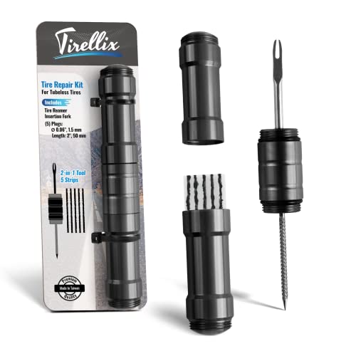 Tirellix Bike Tire Plug Kit – (Black) Tubeless Tire Repair Kit, Fix Flat or Puncture in Bicycle, MTB Motorcycle Tire, Portable Bike Tool Kit Includes Reamer, Insertion Fork, 5 pcs 1.5mm Tire Plugs