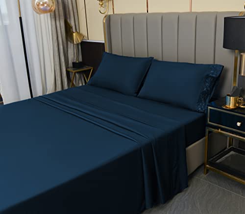 LONAVA Twin Size Sheets Set - 4 Piece Set Wrinkle Free Hotel Luxury Oeko-TEX Sheets and Pillowcases Set, Silky Soft Microfiber Bed Sheets, Breathable and Elastic, 16-Inch Deep Pockets, Navy Blue