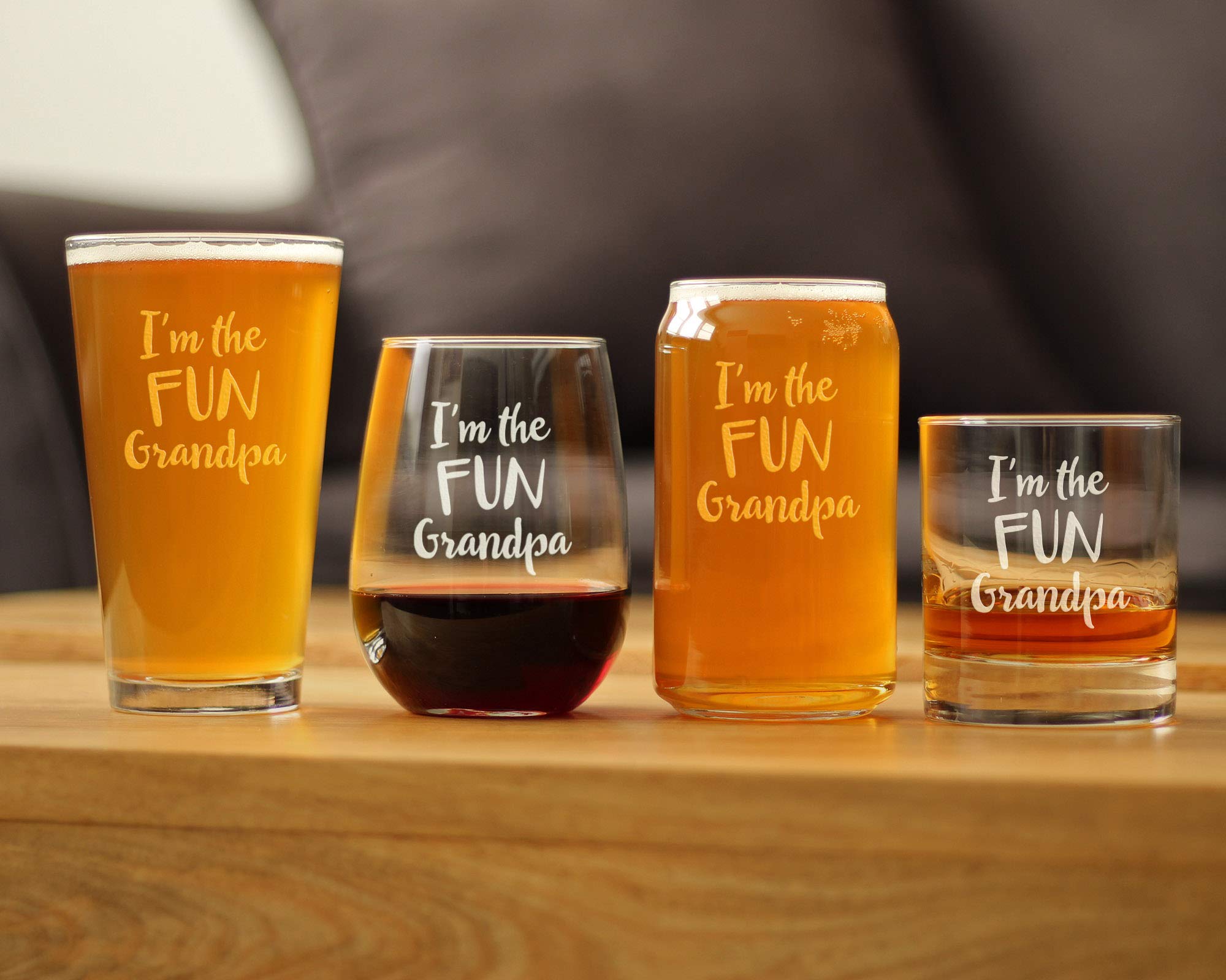 Fun Grandpa - Funny Grandfather Stemless Wine Glass Gift for Dads & Grandparents - Large 17 Oz Glasses