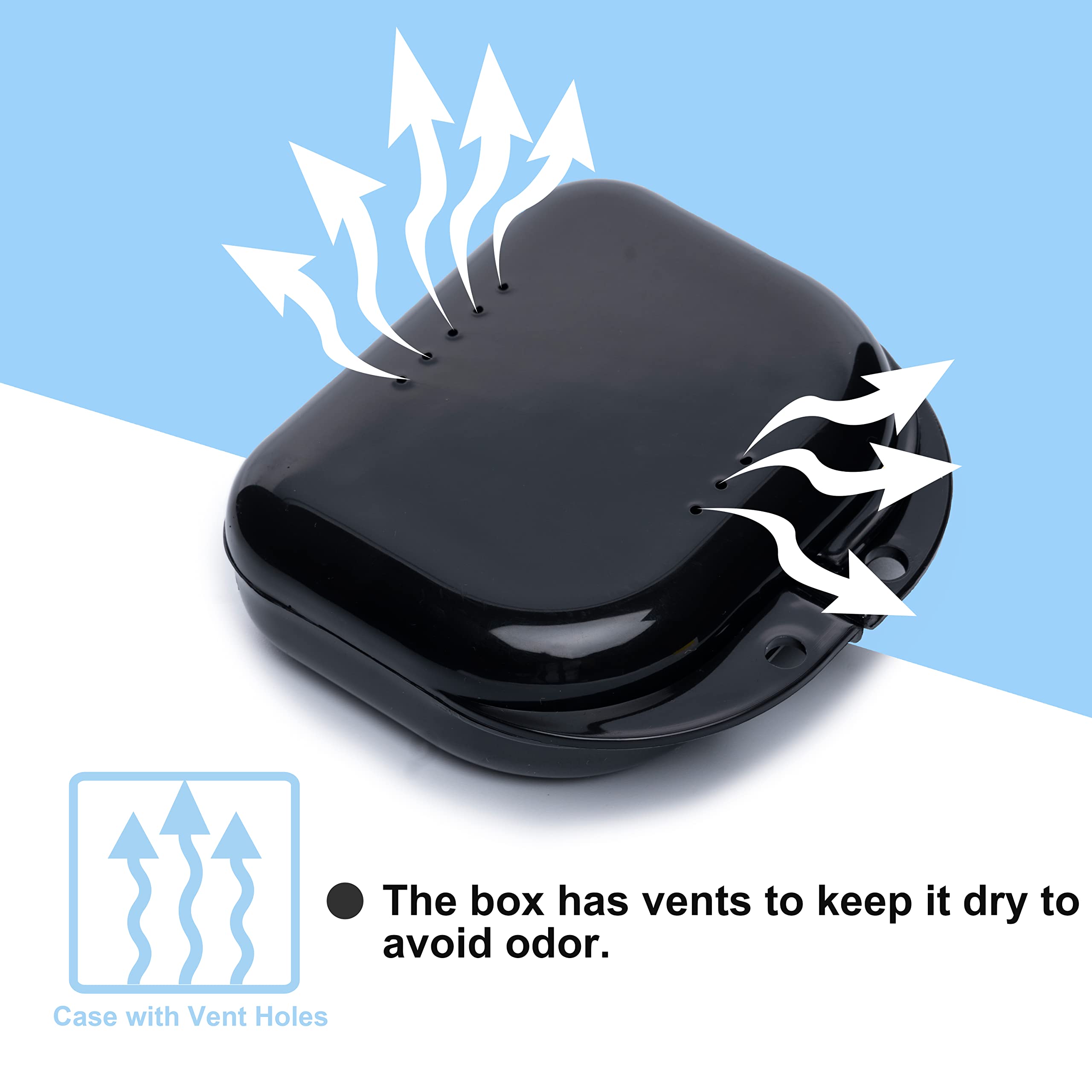 Retainer Case with Vent Holes, 6 Pcs Denture Case, Tight Snap Lock Orthodontic Mouth Guard Case, Black, White, Yellow, Light Purple, Pink and Blue, Easy to Use