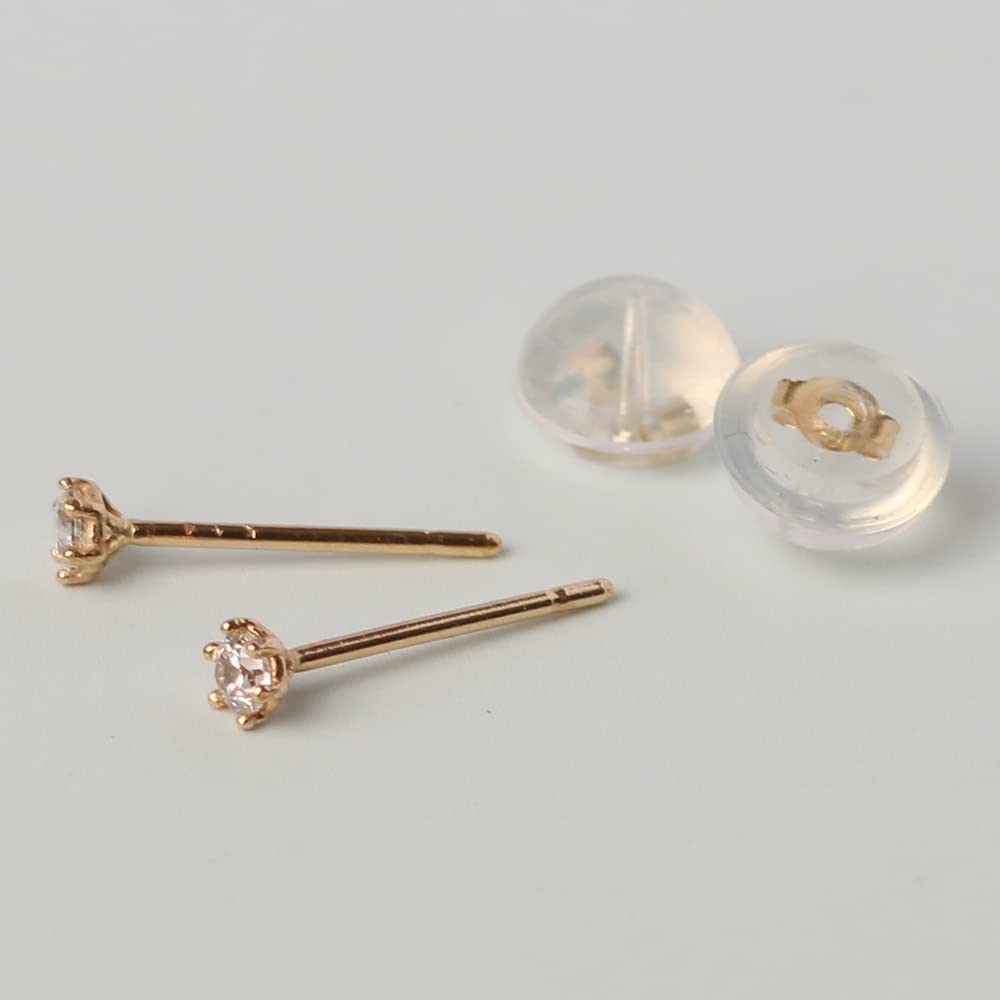 DORO KIMI 14k real solid Yellow Gold white cz Stud solitaire round cubic Earrings for women 6prong setting with 14k gold silicone earring flat backs (5mm)