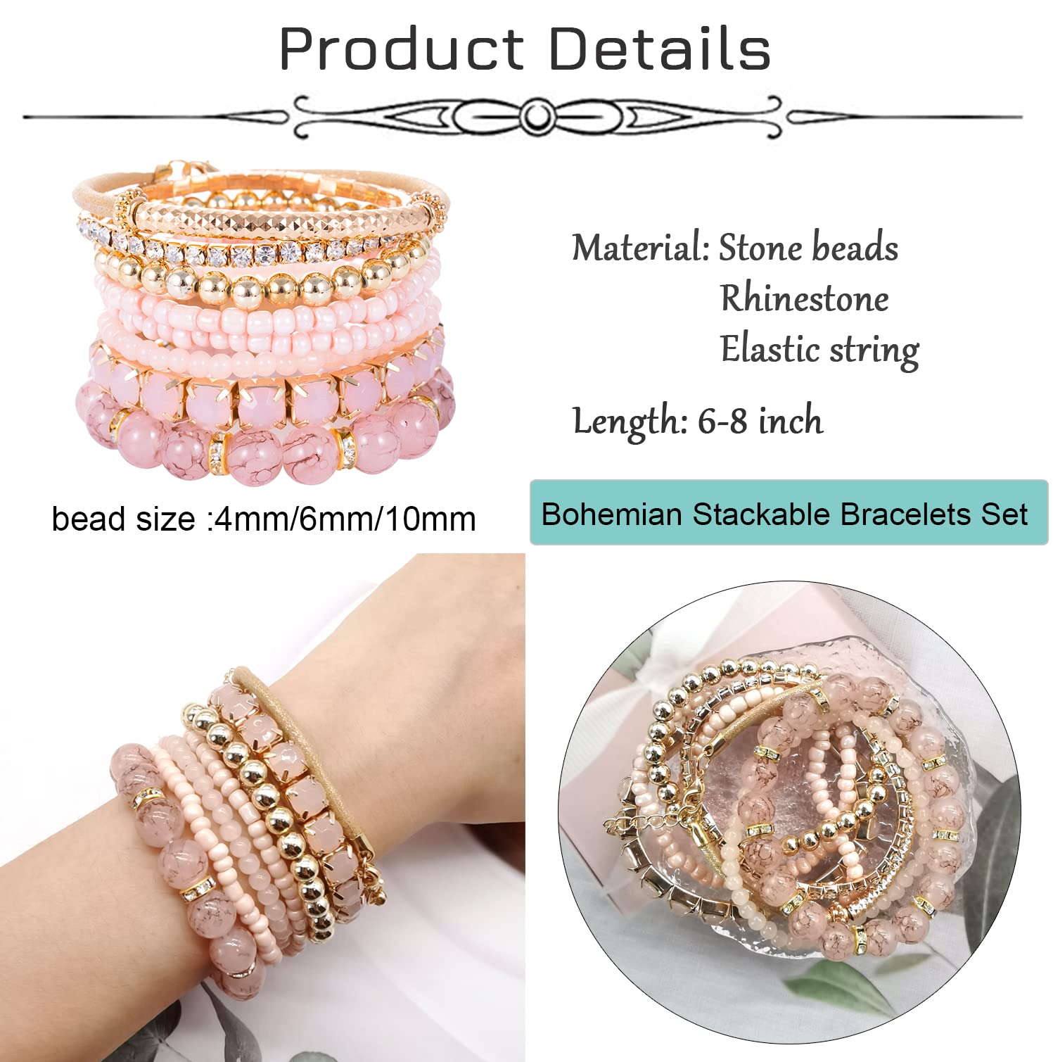 FIRAZIO 1-6 Set Bohemian Mix Bead Stackable Bracelets for Women Multi Layer Versatile Statement Beaded Bracelets Boho Strand Bangles Blue Turquoise Stretch Bracelets