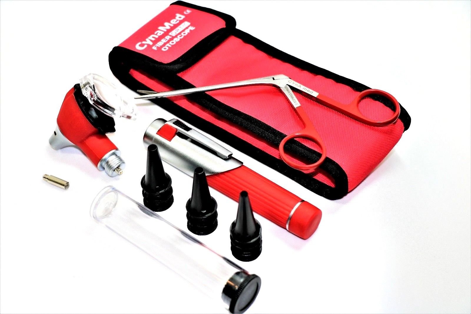 Premium Student Home Use Led Bright Light ENT Diagnostic Otoscope Pocket Size Red Plus Alligator Ear Nose Forceps Plus 1 Extra Replacement Bulb Cynamed