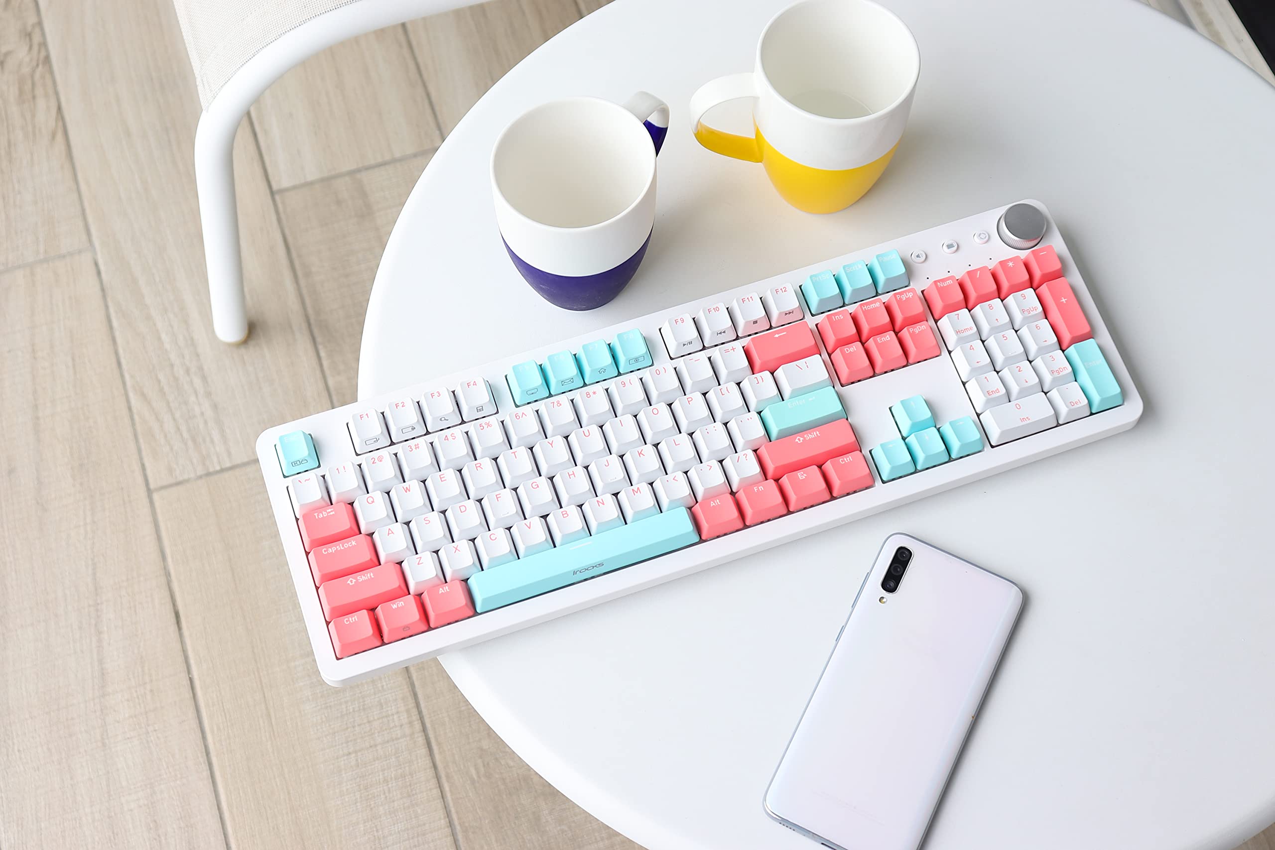 i-rocks K73M Mechanical Gaming Keyboard with Media Control Knob, 107 Keys, PBT Keycaps, Multimedia Hotkeys, Detachable USB-C Cable (Cherry MX Brown Switches, Mint Peach)