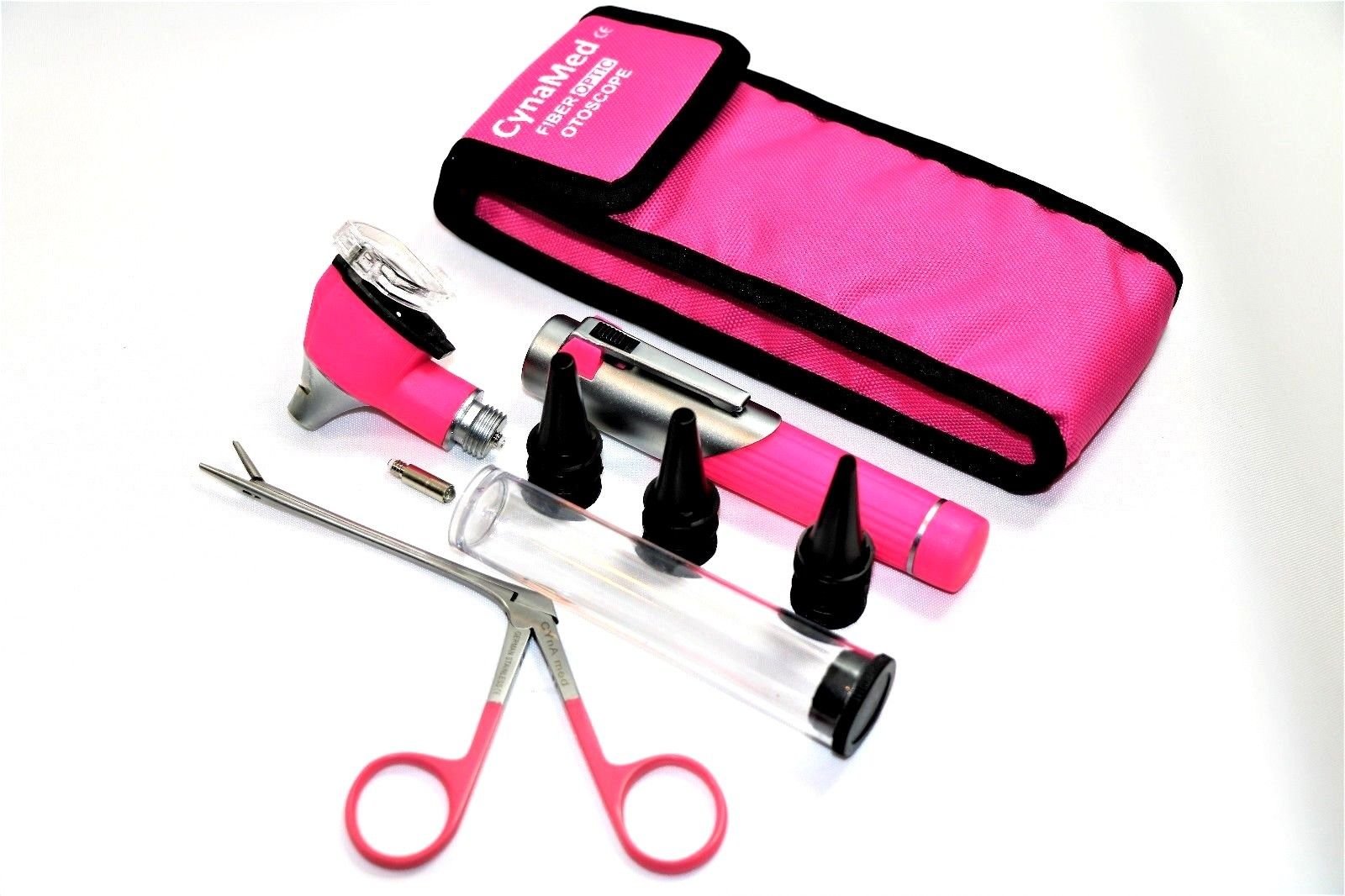 Premium Student Home Use Led Bright Light Ent Diagnostic Otoscope Pocket Size Pink Plus Alligator Ear Nose Forceps Plus 1 Extra Replacement Bulb Plus 10 Speculas Cynamed