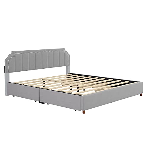 EMKK Platform Bed Frame with 4 Storage Drawers, Upholstered Bed Frame with Strong Wooden Slats/Mattress Foundation/No Fixed Headboard/No Box Spring Needed/Large Storage Space,King Size