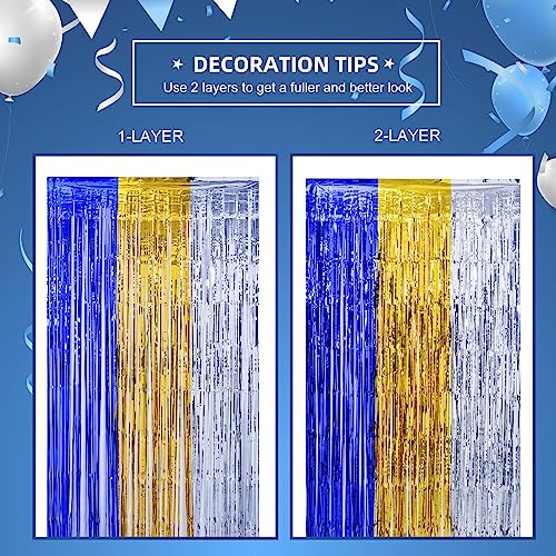 LOLStar 2 Pack Navy Blue Gold and Silver Party Decorations 3.3X6.6 ft Each Foil Fringe Tinsel Curtains Backdrop, Streamers - Perfect for Birthdays, Showers, Retirement, Graduations, Weddings