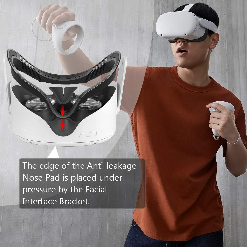 Elygo VR Vent Facial Interface Bracket & PU Leather Face Pad Cover & Anti-Leakage Nose Pad for Oculus Quest 2, Sweatproof Cusion Foam Replacement Comfort Set(Black)