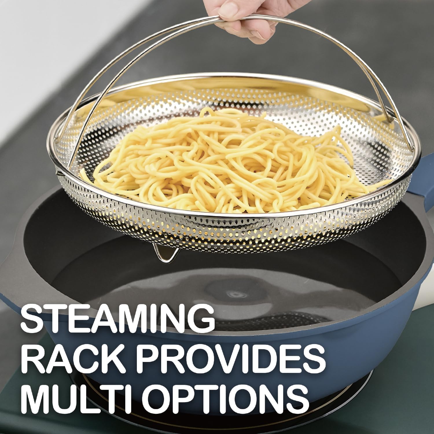 LIGTSPCE Always Nonstick Multipurpose Saute pan,All-in-One Pan,Large Skillet with Strainer,Deep Frying Pan with Lid(11-inch), PFOA Free non stick chef’s pan,Dishwasher and Oven Safe(Cerulean)