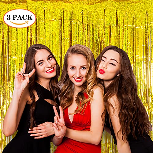 LOLStar 3 Pack Gold Photo Booth Props,3.2 X 8.2 ft Laser Rain Gold Foil Fringe Curtains,Photo Booth Backdrop Streamer Backdrop for Birthday,Wedding,Engagement,Anniversary Party Decorations