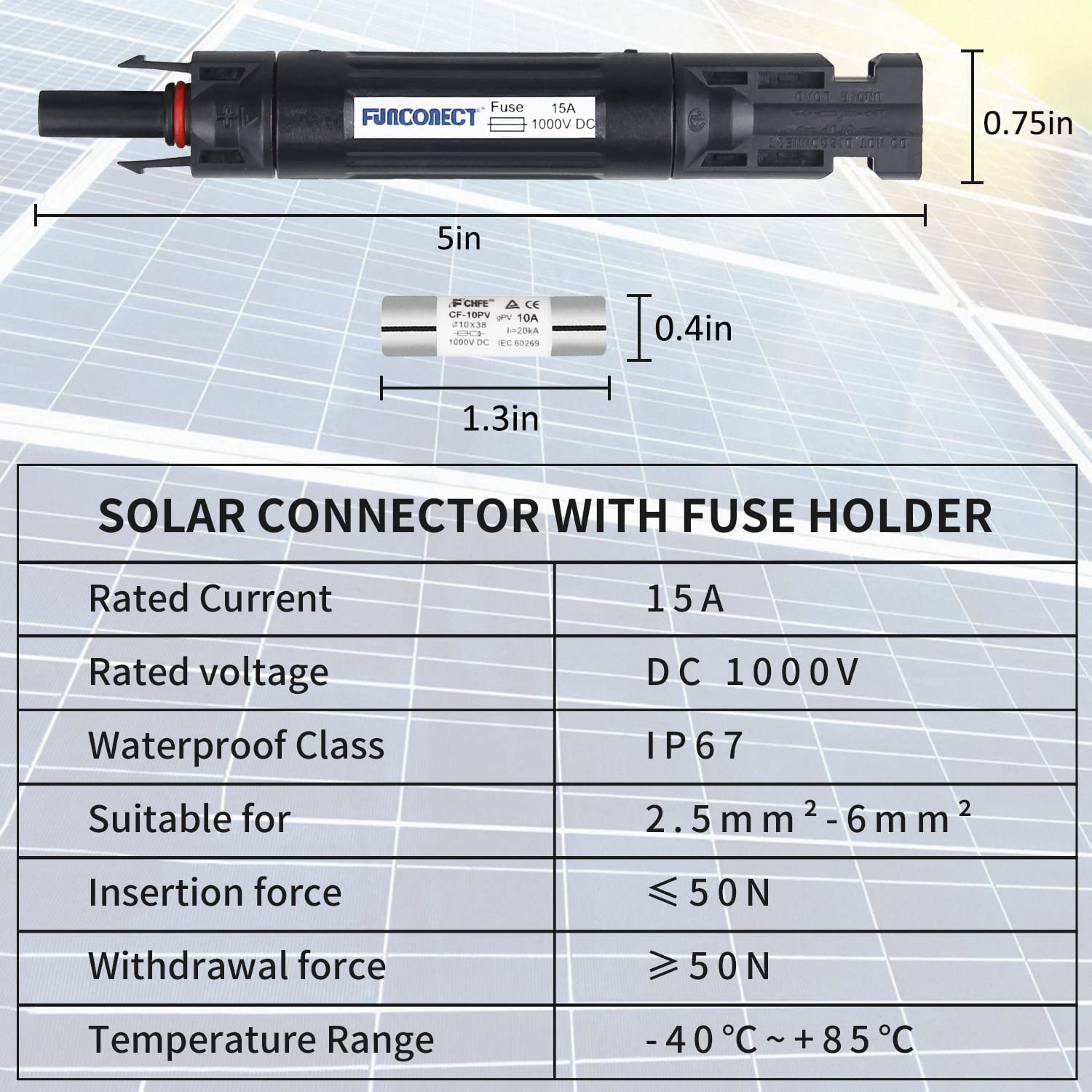 FUNCONECT Solar Panel Connector, 15A Multi-Contact 4 Connectors for Solar Panels, Male/Female IP67 Waterproof 1000v DC with Fuse Holder (2 Pairs)