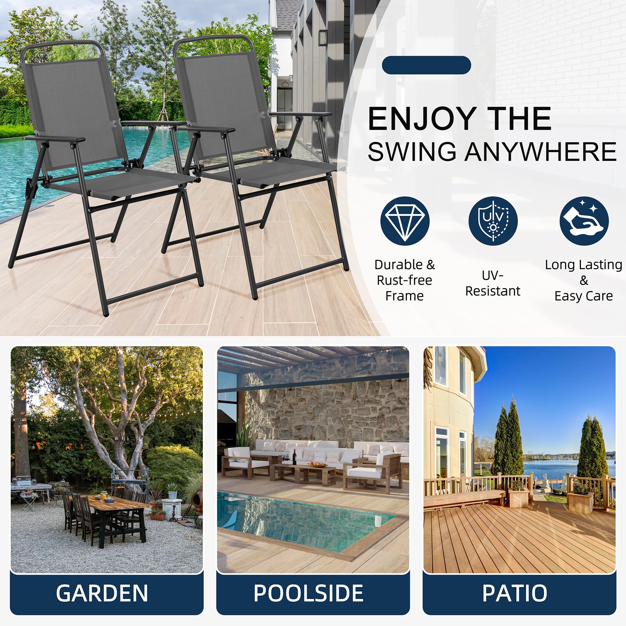 JY QAQA Patio Dining Chairs 4 Set with Armrests Folding Outdoor Chairs Used for Camping Garden Backyard Pool Porch,Brown