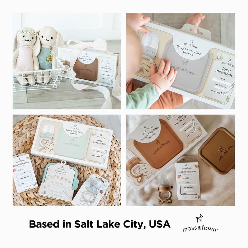 Moss and Fawn Baby’s First Bites Starter Kit – Ice Cube Tray, Forage Feeder, Freezer Mold & Pacifier Feeder – Milestone Magnet for Food Tracking & Feeding Tips – Baby Food Prep Essentials - Ecru