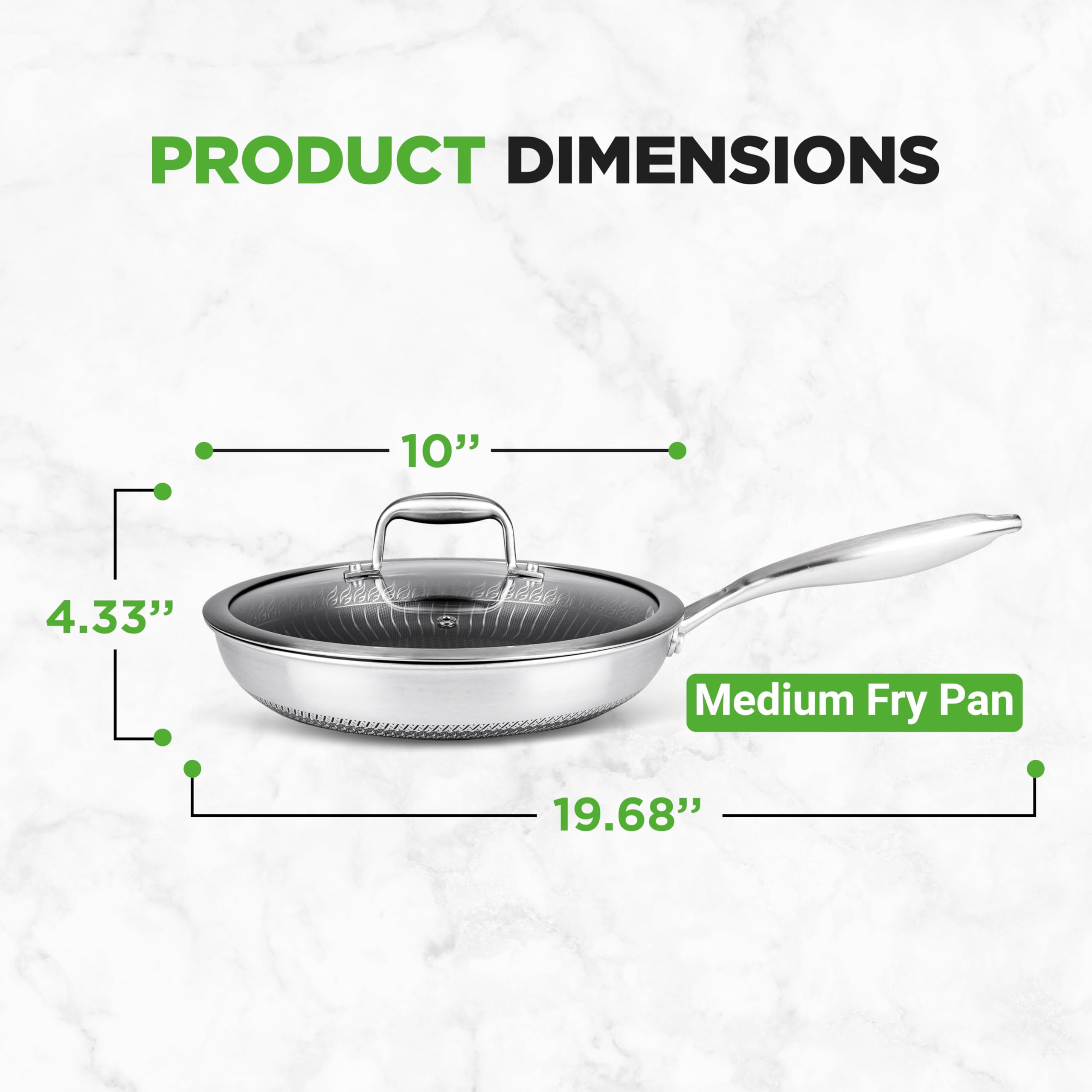 NutriChef 10" Stainless Steel Frying Pan - Triply Kitchenware Stir Fry Pan Kitchen Cookware w/DAKIN Etching Non-Stick Coating, Scratch-resistant Raised-up Honeycomb Fire Textured Pattern NC3PL10
