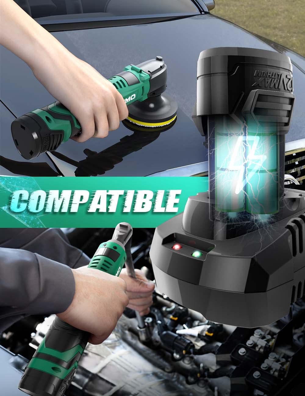 KIMO 12V 2.0Ah Lithium-Ion Battery Charger Apply to KIMO Cordless Ratchet Wrench, Cordless Car Polisher, Lightweight Portable